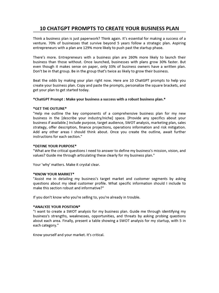 10 ChatGPT Prompts To Create Your Business Plan | PDF | Marketing ... 10 ChatGPT Prompts To Create Your Business Plan | PDF | Marketing ...