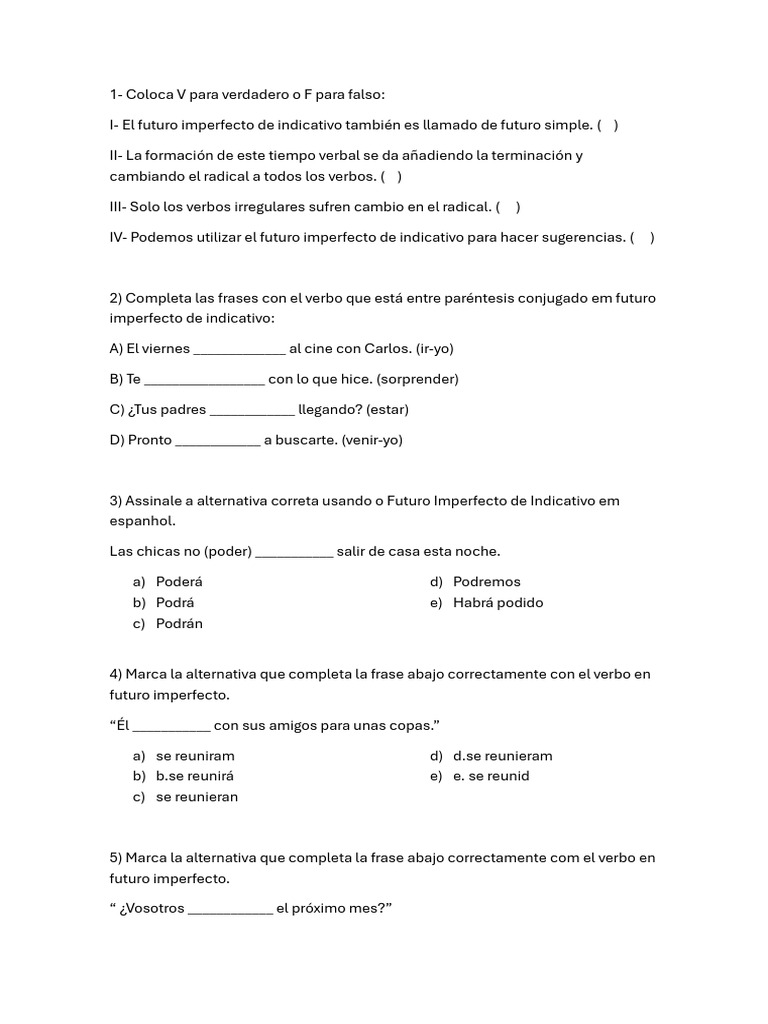 Lista de Exercicios Espanhol Futuro Imperfecto 8 Ano | PDF | Verbo