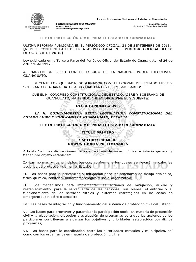 Ley de Protecci N Civil para El Estado de Guanajuato 20181010 | PDF | Defensa Civil | Riesgo