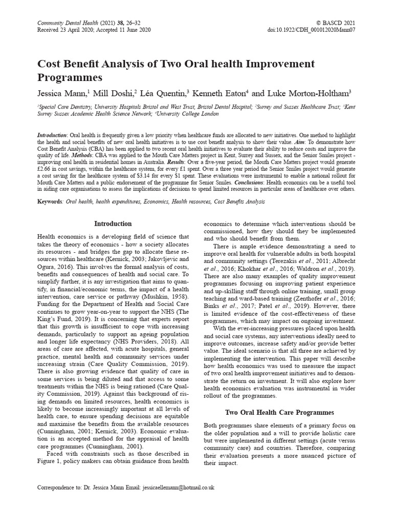 Oral Health Program Cost Analysis | PDF | Cost–Benefit Analysis | Health Economics