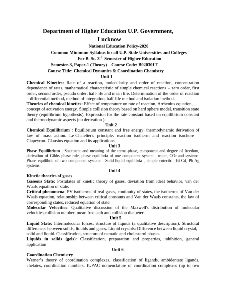 B.Sc. 4th Semester Chemistry Syllabus | PDF | Coordination Complex ...
