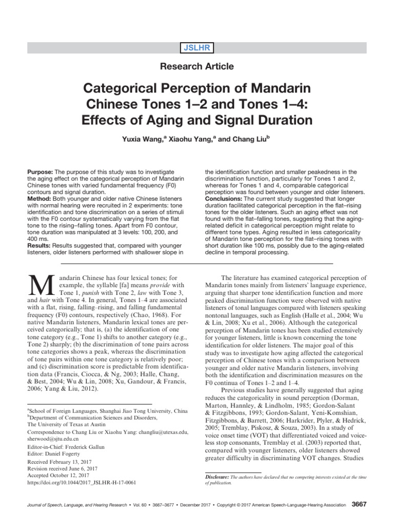 Wang Et Al 2018 Categorical Perception of Mandarin Chinese Tones 1 2 and Tones 1 4 Effects of ...
