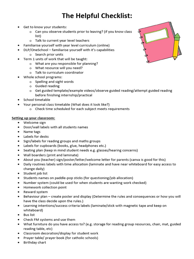The Helpful Checklist - Setup | PDF | Classroom