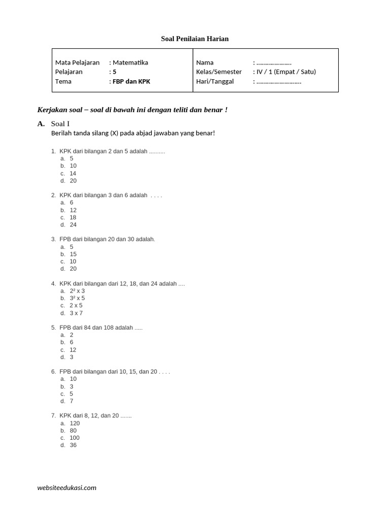 Soal PH MTK Kelas 4 KPK & FPB | PDF | Game & Aktivitas | Metode & Bahan Ajar