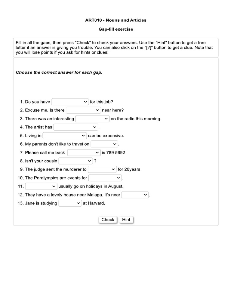 Nouns and Articles 1 Exercise | PDF