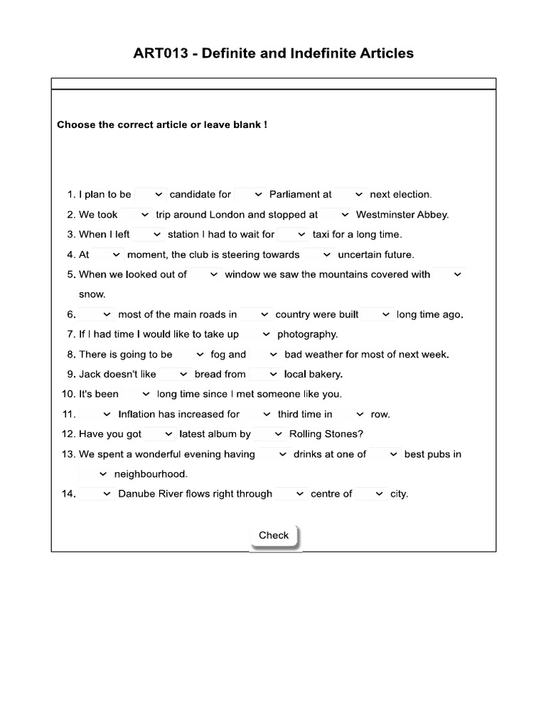Definite Indefinite Articles 1 Exercise | PDF