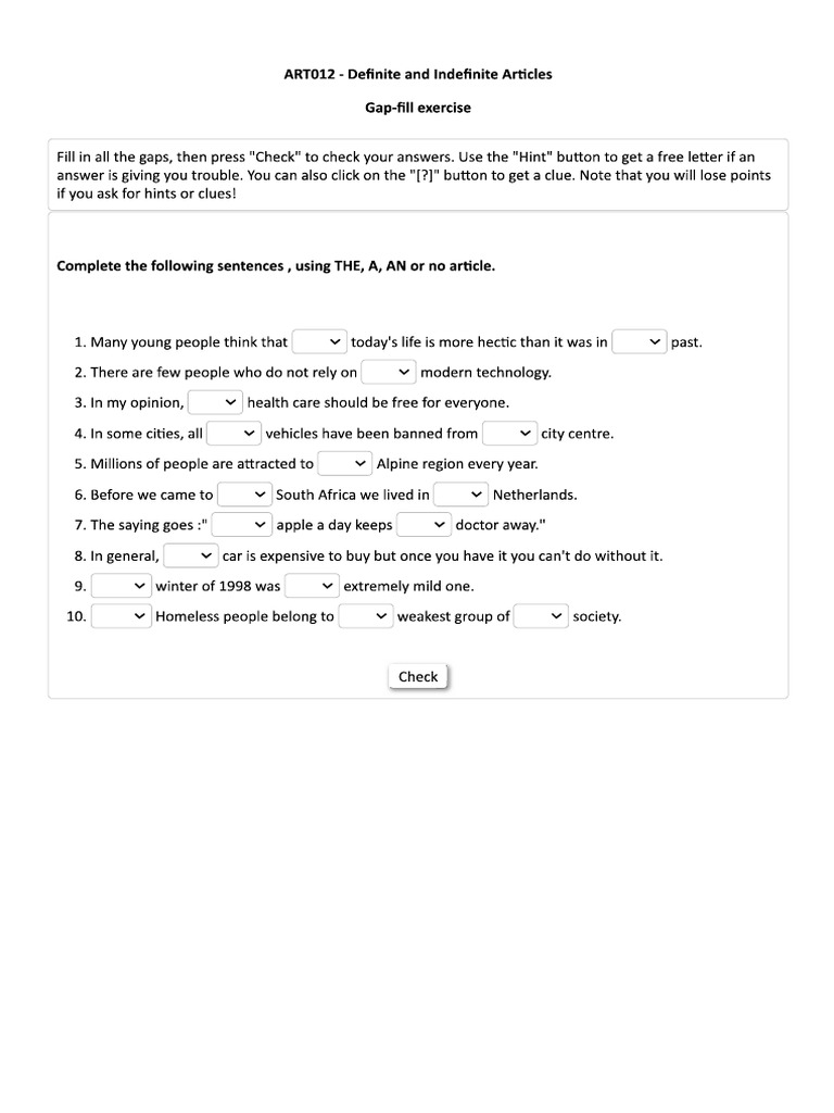 Definite Indefinite Articles 2 Exercise | PDF