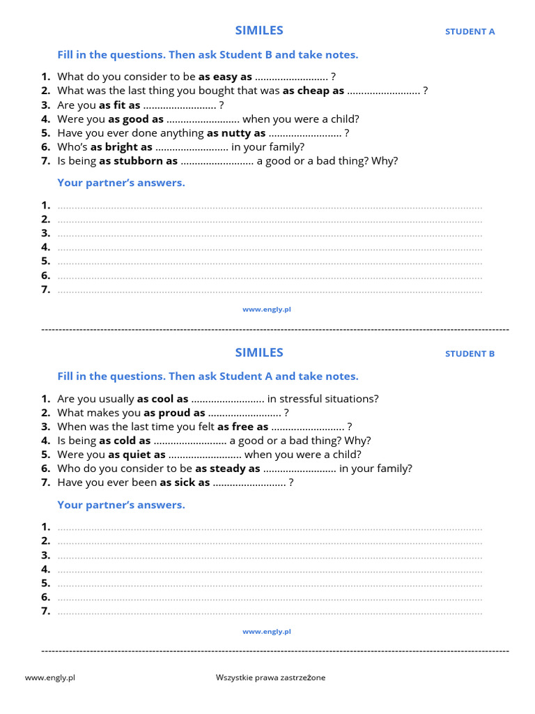 Similes - Pair Work Engly | PDF | Career & Growth | Self-Improvement