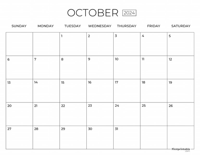 October Calendar 2024 Simple Landscape - Firstprintable - Com | PDF