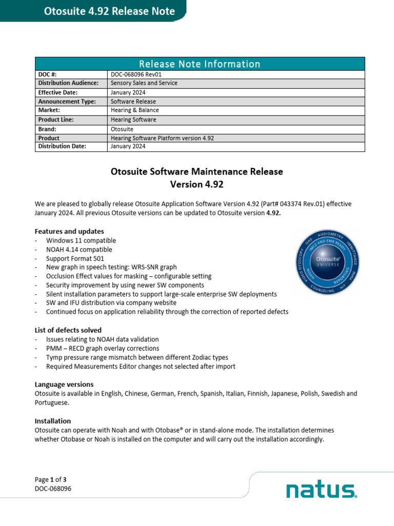 DOC-068096 Rev01 1052 Otosuite 4.92 Release Note | PDF | Windows 10 ...