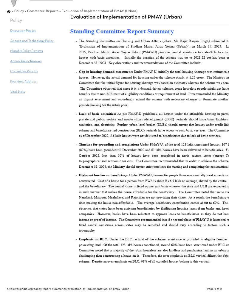 PRS Summary On MoHA - Standing Committee Report On PMAY-U | PDF ...