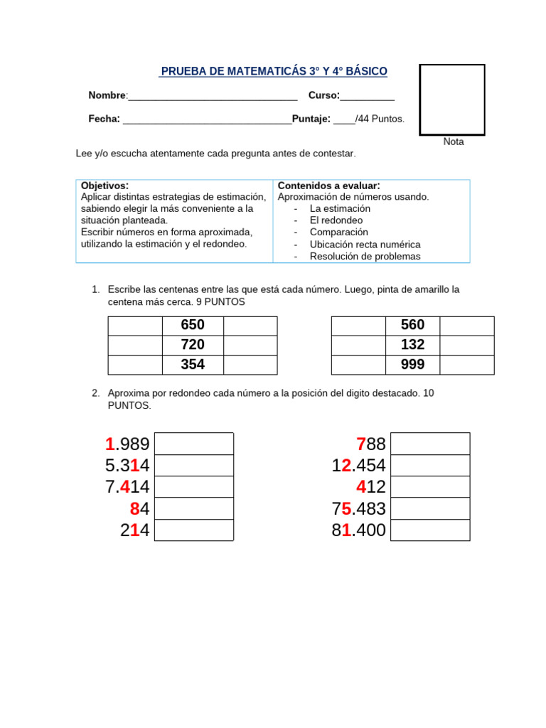 Prueba de Redondeo y Aproximación 4° Básico | PDF | Matemáticas ...