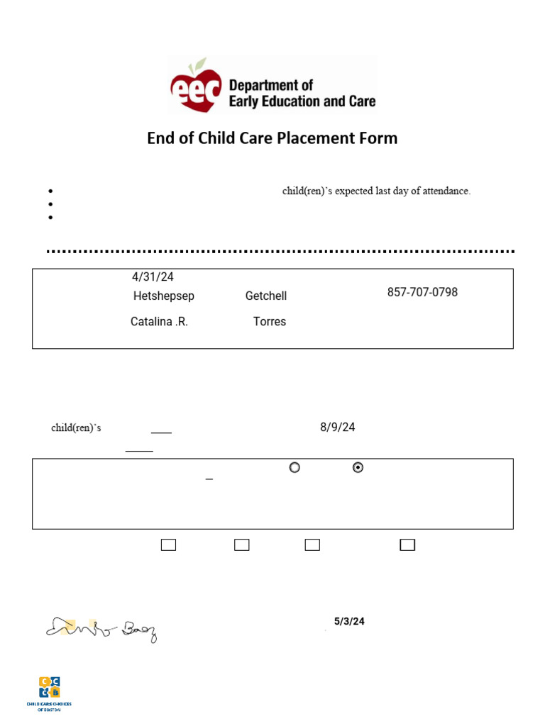 End of Child Care Placement Form | PDF | Child Welfare | Family