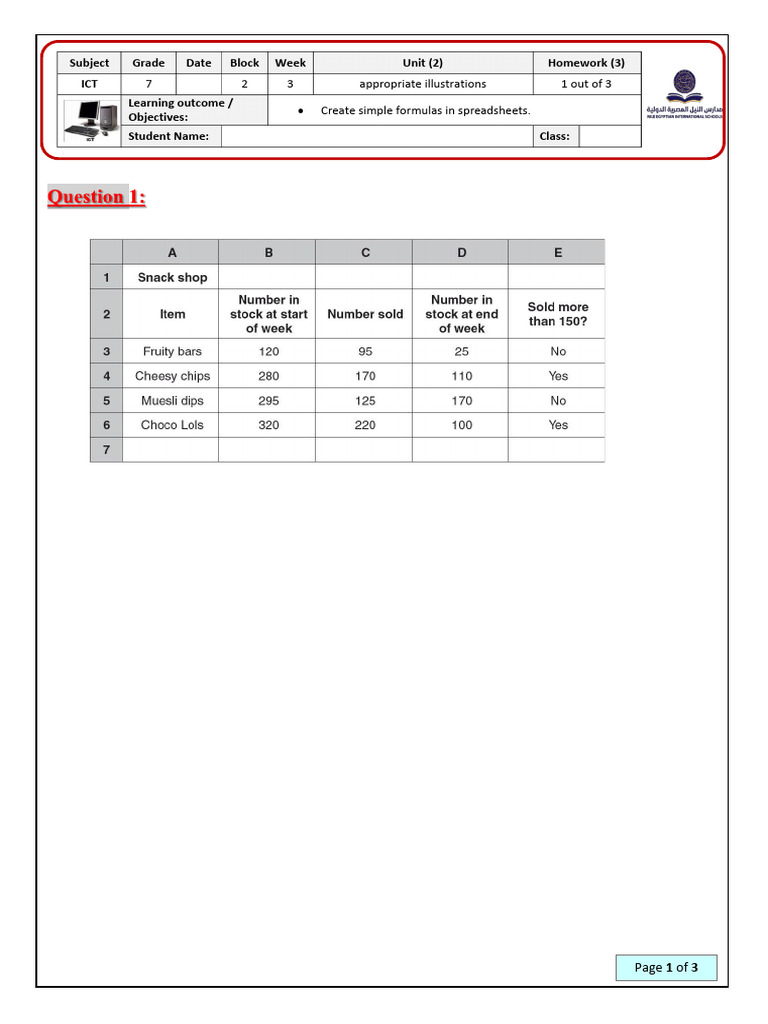 ICT-G7-B2-L4 ( (Spreadsheets - Formulas and Functions) ) HW 4 | PDF ...