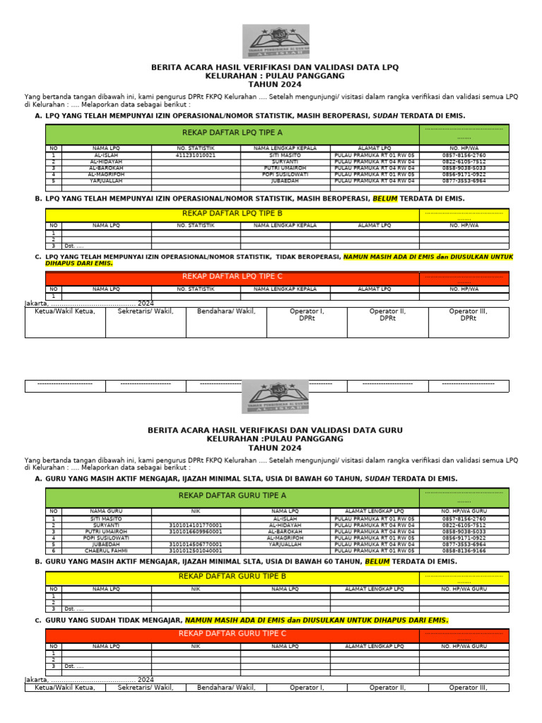 Form BERITA ACARA HASIL VERIFIKASI DAN VALIDASI DATA LPQ 2024 Oleh DPRT ...
