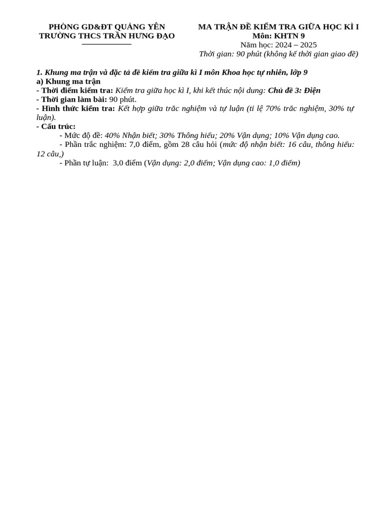 (KHTN9) - GHK1 - ĐỀ 1 (KTGKI KHTN9 NH 2024-2025) | PDF