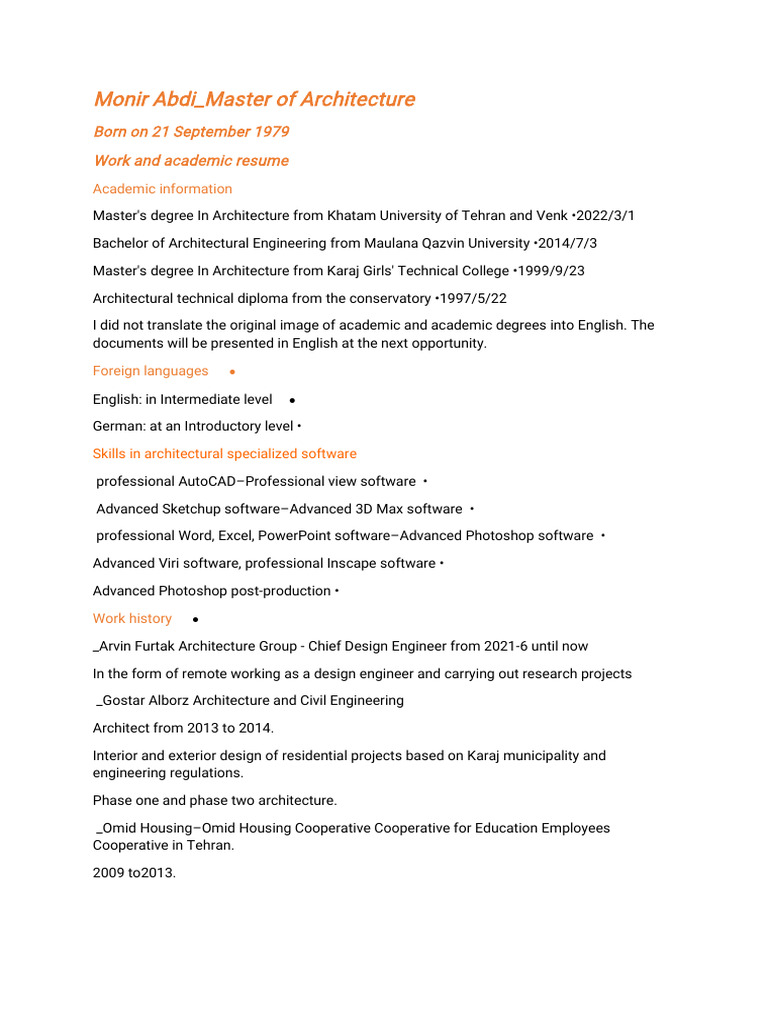 Work and Academic Resume-Monir Abdi-Architektin - Compressed | PDF | Thesis | Engineering