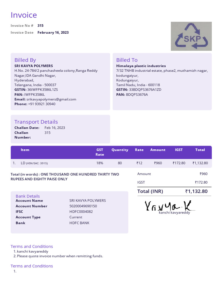 Invoice 315 Sri Kavya Polymers Himalaya Plastic Industries | PDF