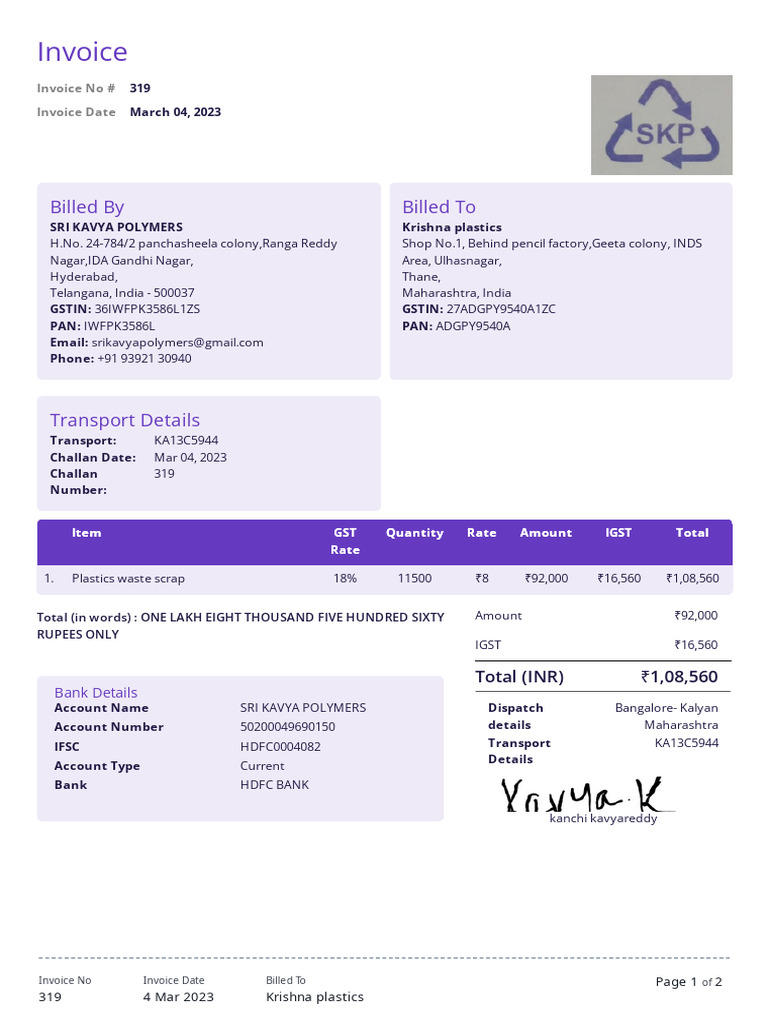 Invoice 319 Sri Kavya Polymers Krishna Plastics | PDF | Economy Of India