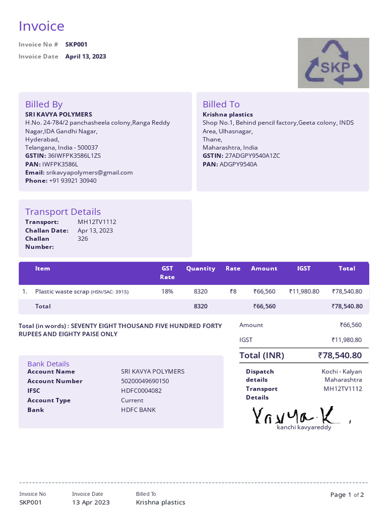Invoice Skp001 Sri Kavya Polymers Krishna Plastics | PDF | Economy Of ...