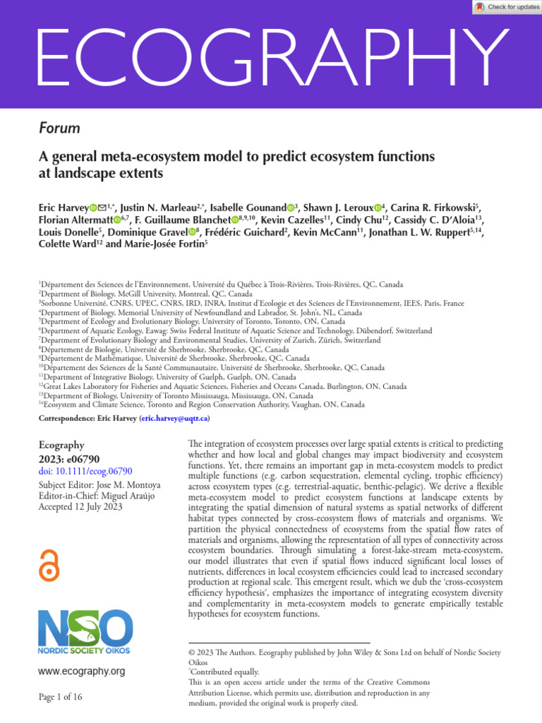 A General Metaecosystem Model To Predict Ecosystem Functions at Landscape Extents | PDF ...