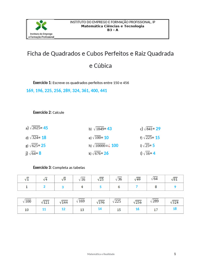 Ficha de Quadrados e Cubos Perfeitos - Resolução - MCT-B3-A | PDF ...