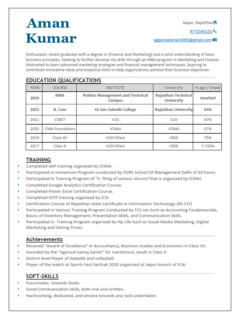 CV_Aman_kumar | PDF | Economies | Business Economics