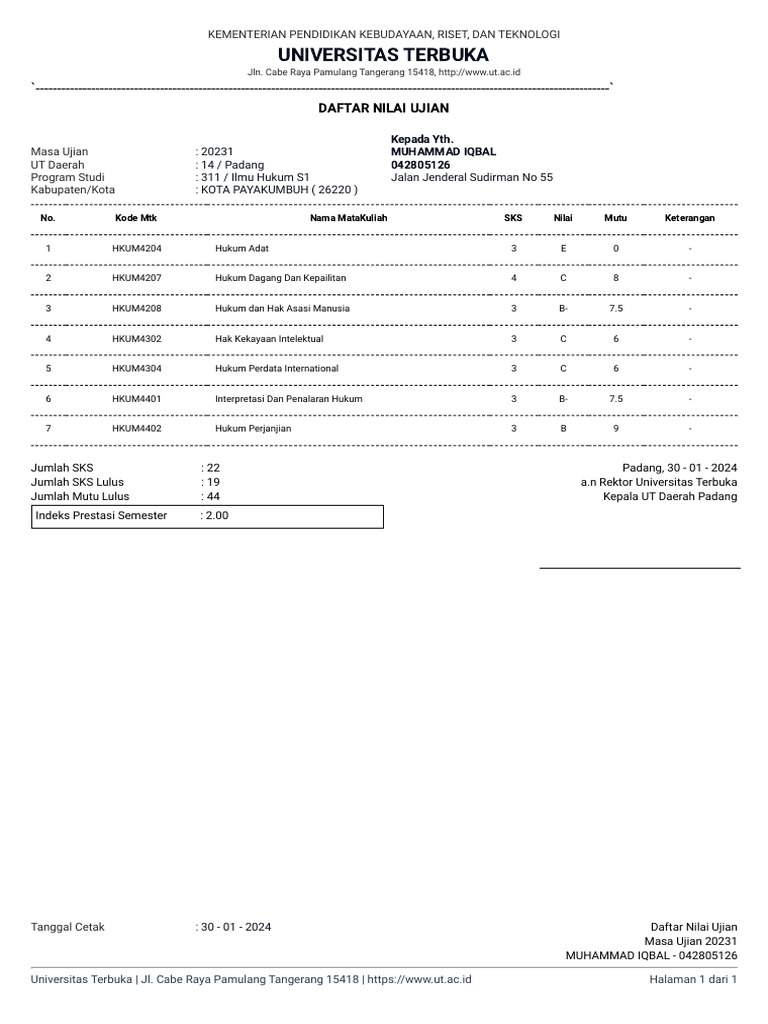 NILAI UT - Sistem Informasi Akademik | PDF