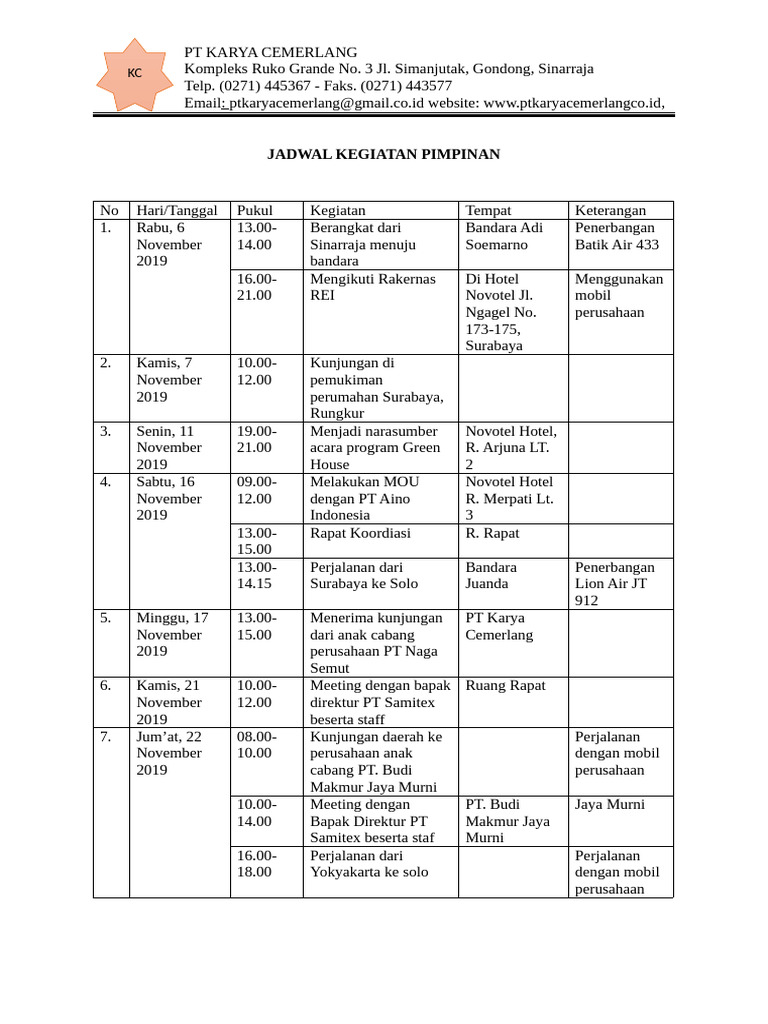 Jadwal Kegiatan Pimpinan | PDF