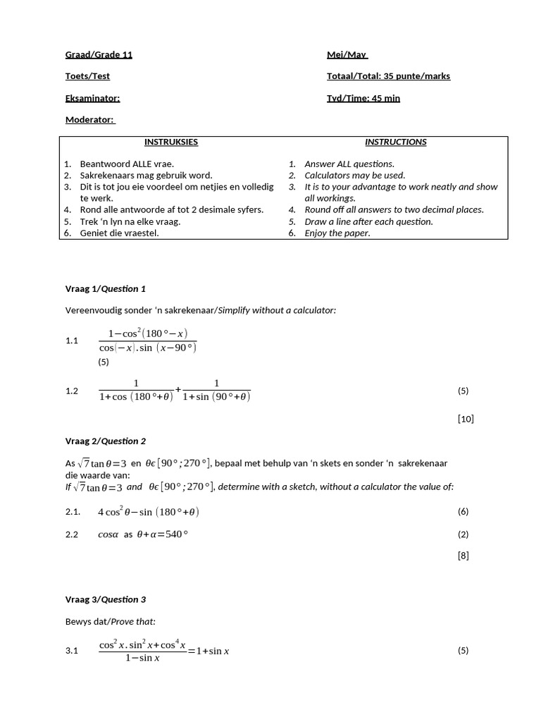 Grade 11 Trigonometry Test Paper | PDF | Elementary Geometry | Angle