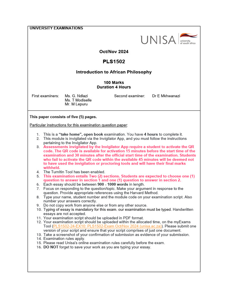 PLS1502 Examination Question Paper (OctNov 2024) FD | PDF | Qr Code