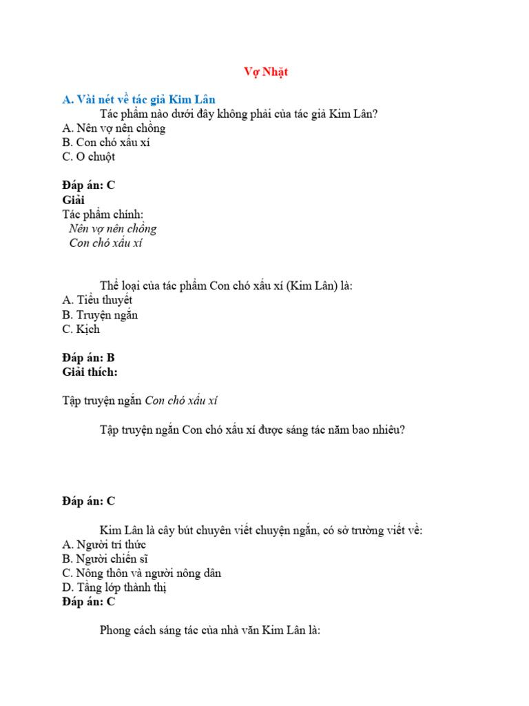 Trac Nghiem Vo Nhat Co Dap An Ngu Van 12 | PDF