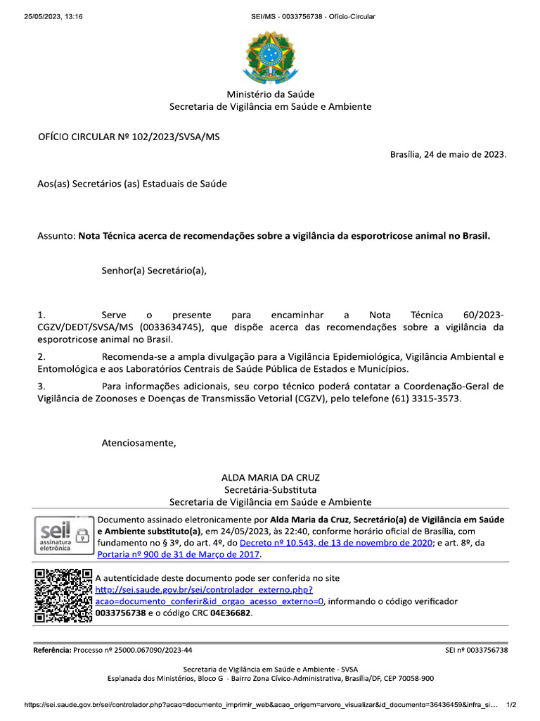 Ofício-Circular Nº 102.2023.SVSA - MS - Nota Técnica Nº 60.2023.CGZV - DEDT.SVSA - MS | PDF