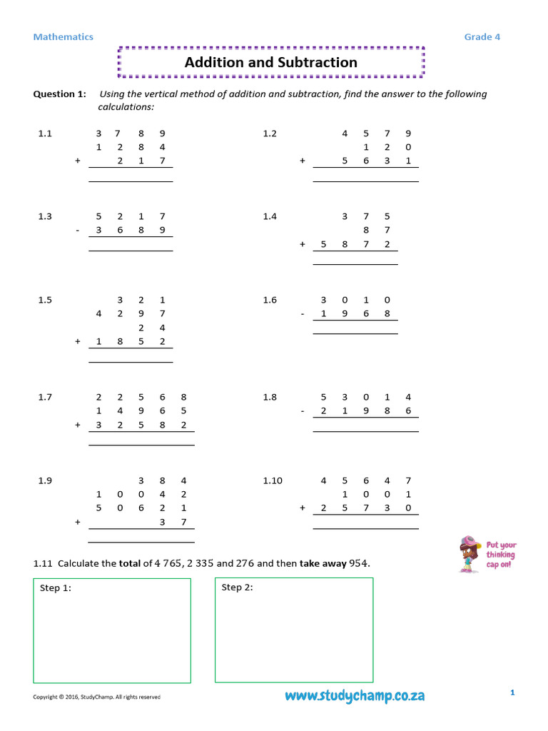 Grade 4 Mathematics Worksheet - Addition Subtraction | PDF ...