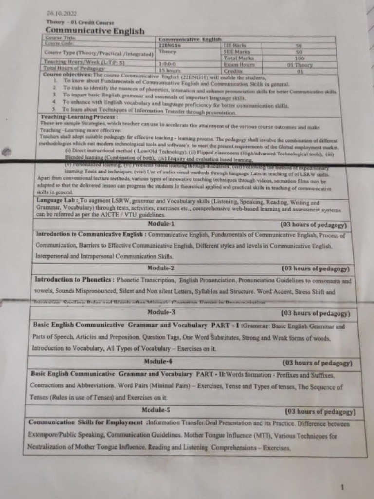 Communicative English - Syllabus | PDF | English Language | Stress ...