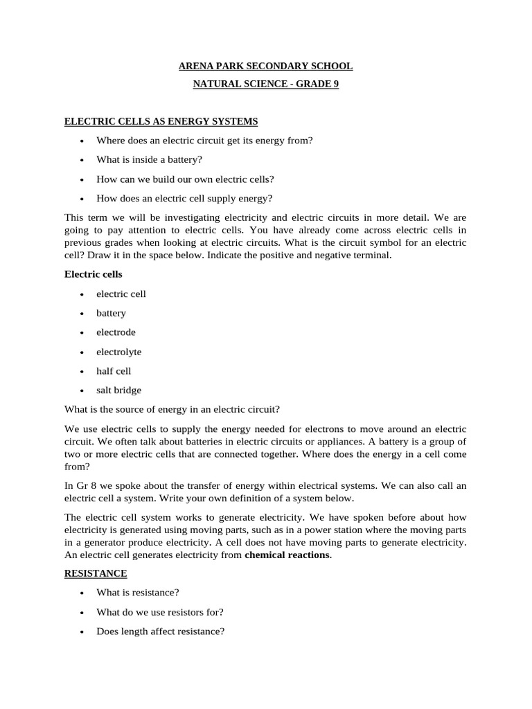 Natural Science - Grade 9 - Cells and Resistance | PDF | Electrical ...