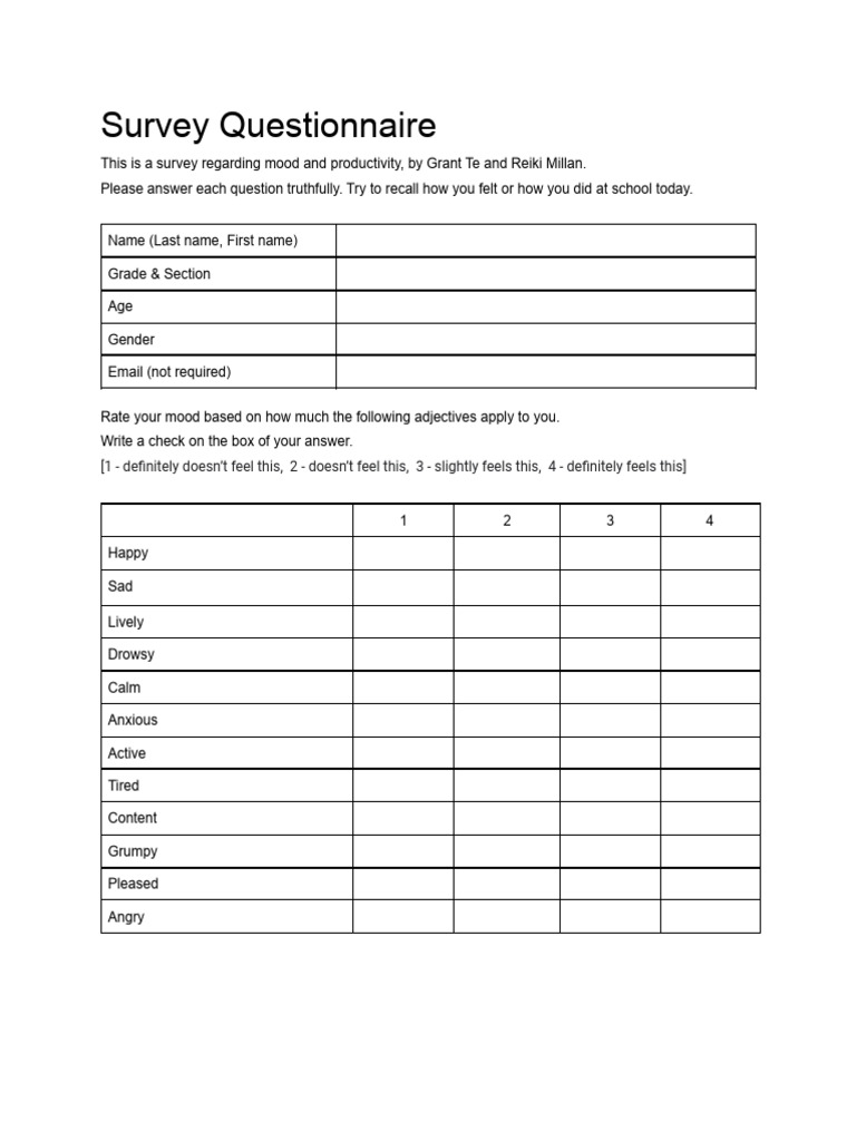 Mood and Productivity Survey Questionnaire | PDF | Mood (Psychology ...