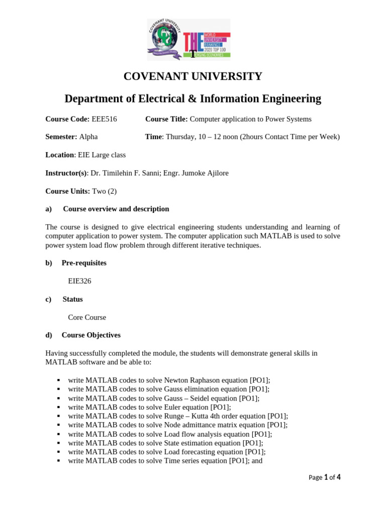 MATLAB for Power Systems Course Guide | PDF | Lecture | Numerical Analysis