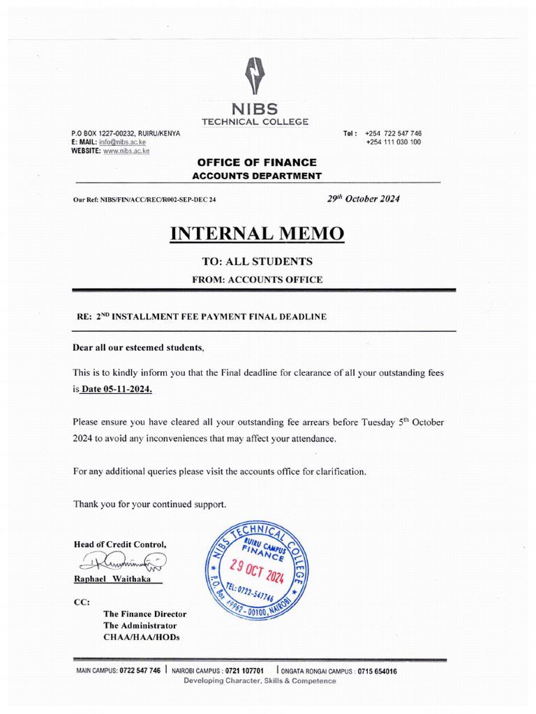 2nd Installment Deadline Memo-Sept - Dec 24 | PDF