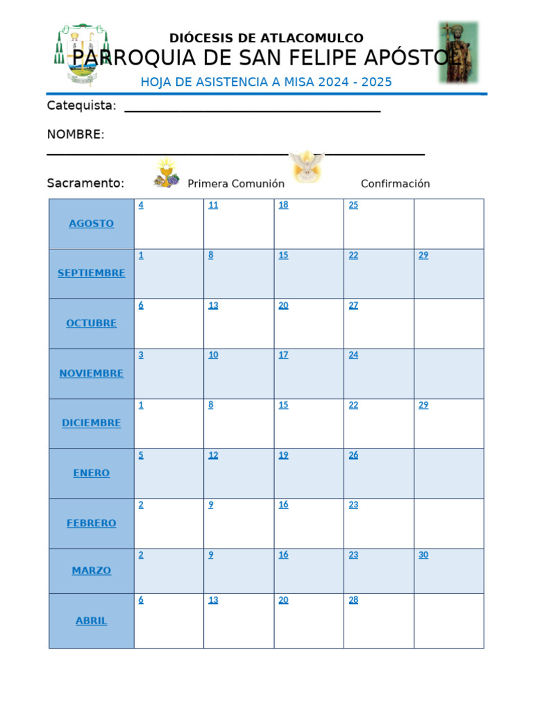 Hoja de Asistencias A Misa-1 | PDF