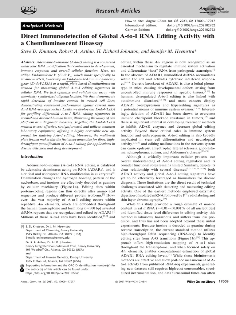 Angew Chem Int Ed - 2021 - Knutson - Direct Immunodetection of Global A To I RNA Editing ...