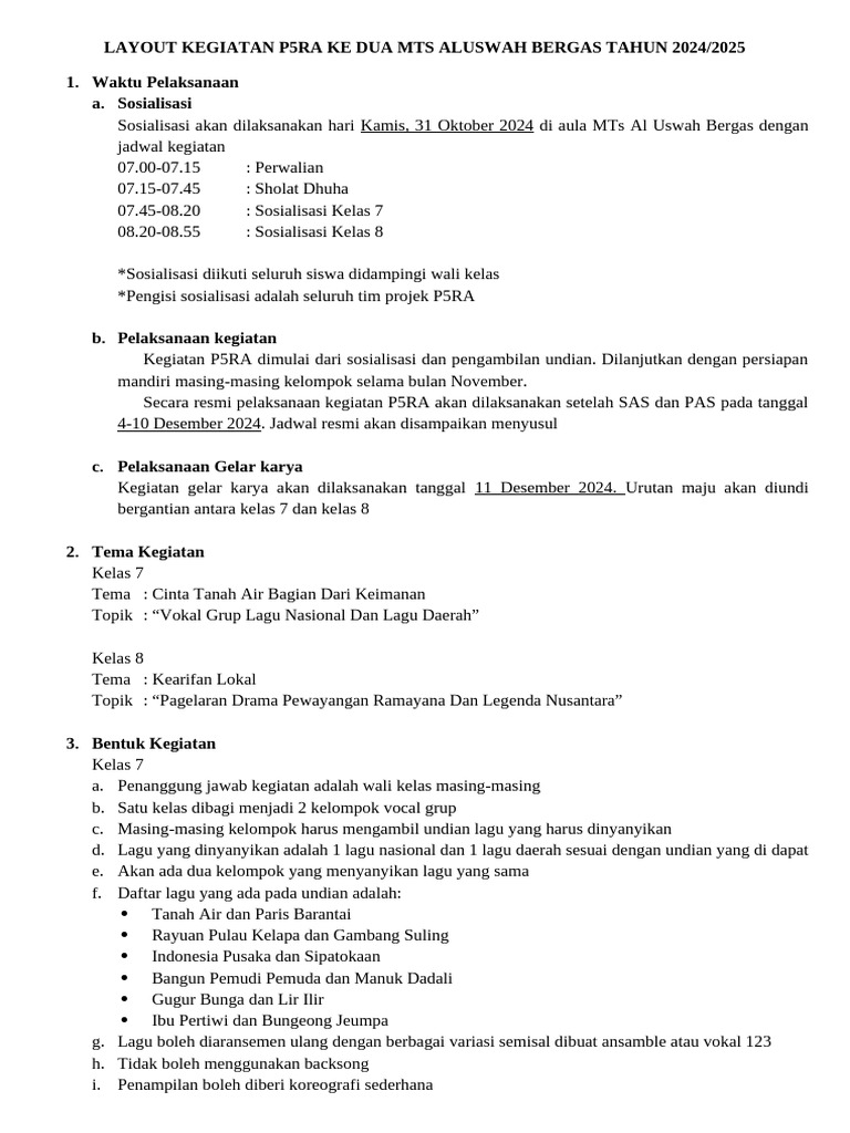 Layout Kegiatan P5ra Ke Dua Mts Aluswah Bergas Tahun 2024 | PDF