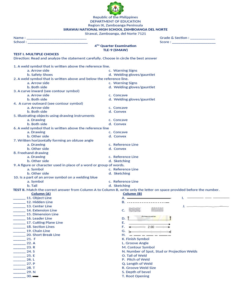4TH Quarter Exam SMAW 9 2022-2023 | PDF