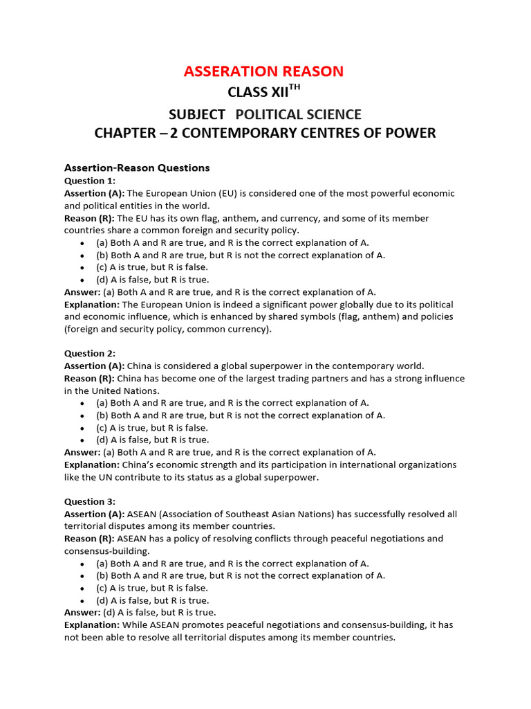 Class 12 Asseration Reason Poltical Science CHP 2 (2024-25) | PDF | Teachers | Learning