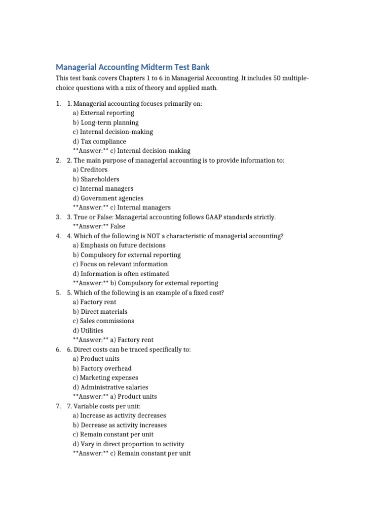 Managerial Accounting Midterm Test Bank | PDF | Management Accounting ...