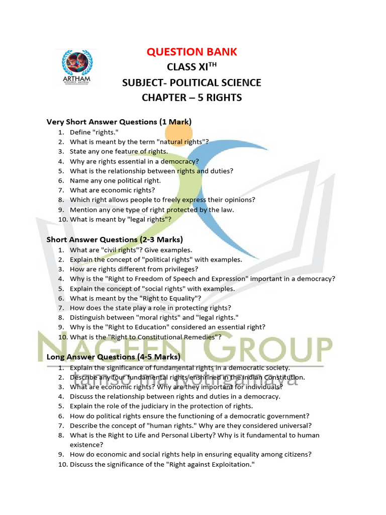 Class 11 Question Bank Political Science Chap 5 (2024-25) | PDF | Rights | Democracy