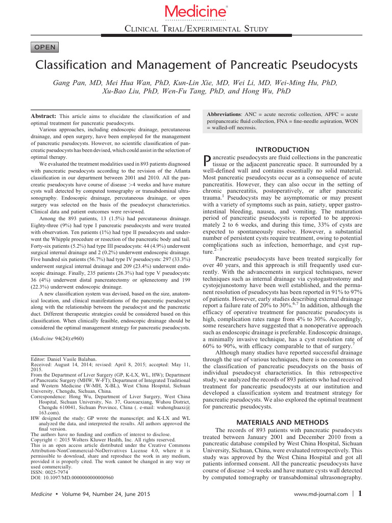 Classification and Management of Pancreatic Pseudocysts | PDF | Medical Specialties | Clinical ...
