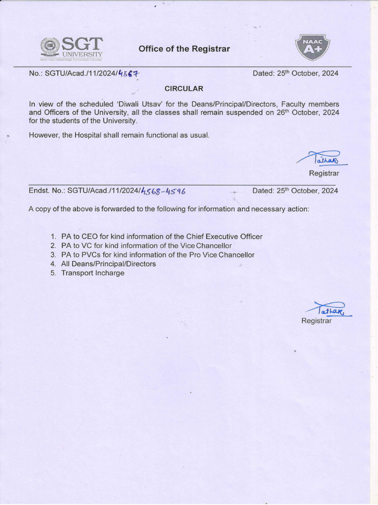 Circular - Suspension of Classes On 26th October, 2024 For The Students ...