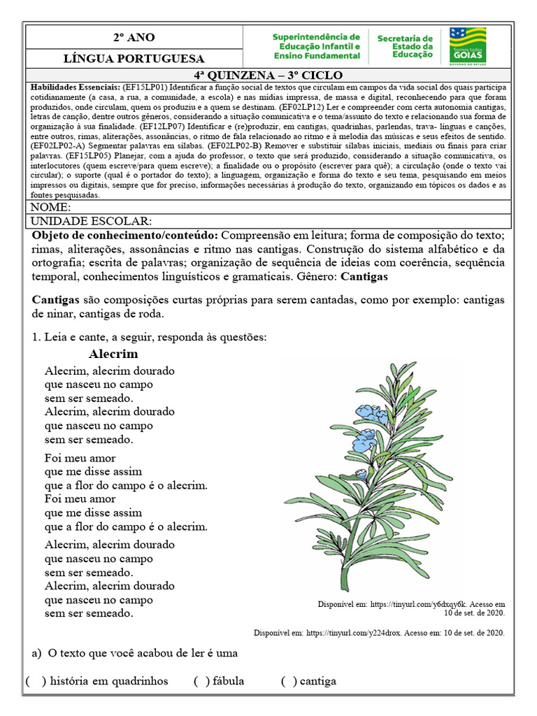 4a Quinzena Lingua Portuguesa 2o Ano 3o Ciclo Atividades para Imprimir | PDF | Linguística ...