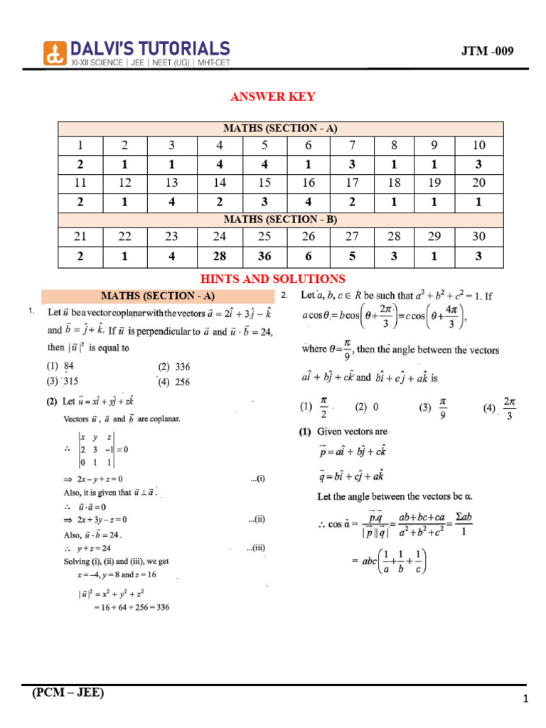 JTM - 009 - Xiith - Math - Jee Main - Vectors, Differential Equation - Hints & Solution | PDF